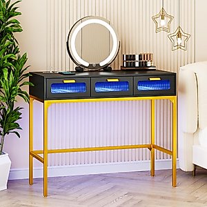 Gurexl 3 in 1 Vanity Desk with 3 Drawers, Modern Makeup Vanity Dressing Table with 3 Color Lighting Modes, Home Office Laptop Writing Desk with Gold Metal Frame (Black)