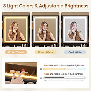 BTHFST Makeup Vanity with Upholstered Stool & Charging Station, Vanity Desk with Mirror and Lights & Jewelry Storage, Vanity Table Set with RGB Lights & 5 Drawers & Shelves, Black & Gold