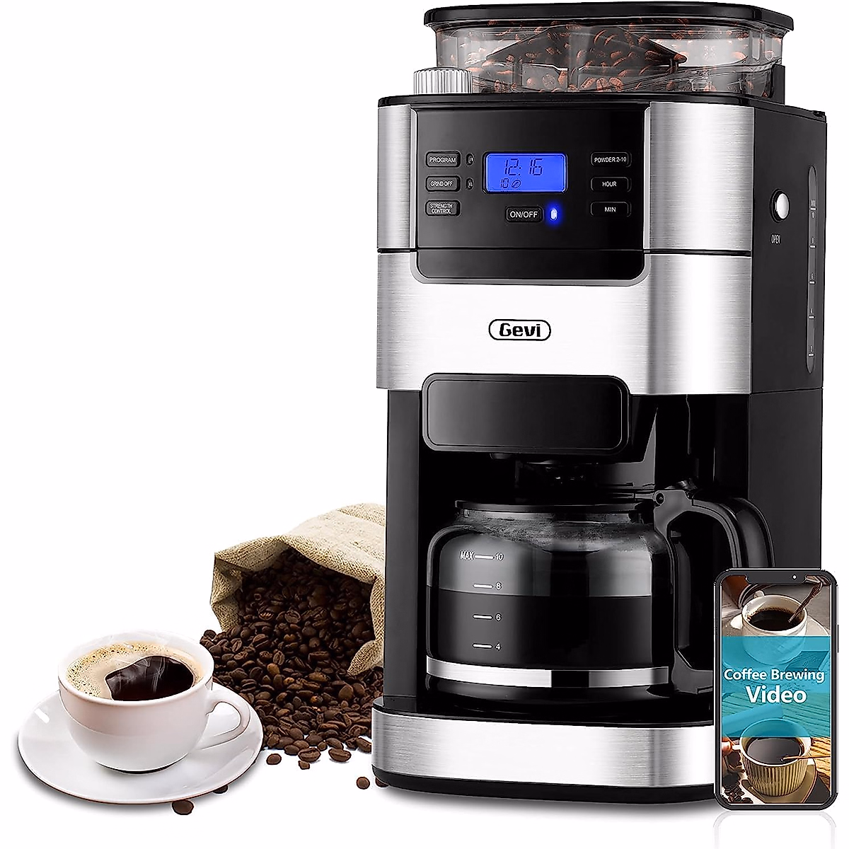 Gevi 10-Cup Coffee Maker with Grinder, Programmable Grind & Brew, 1.5L Water Reservoir, Keep Warm Plate Coffee Machine and Burr Grinder Combo