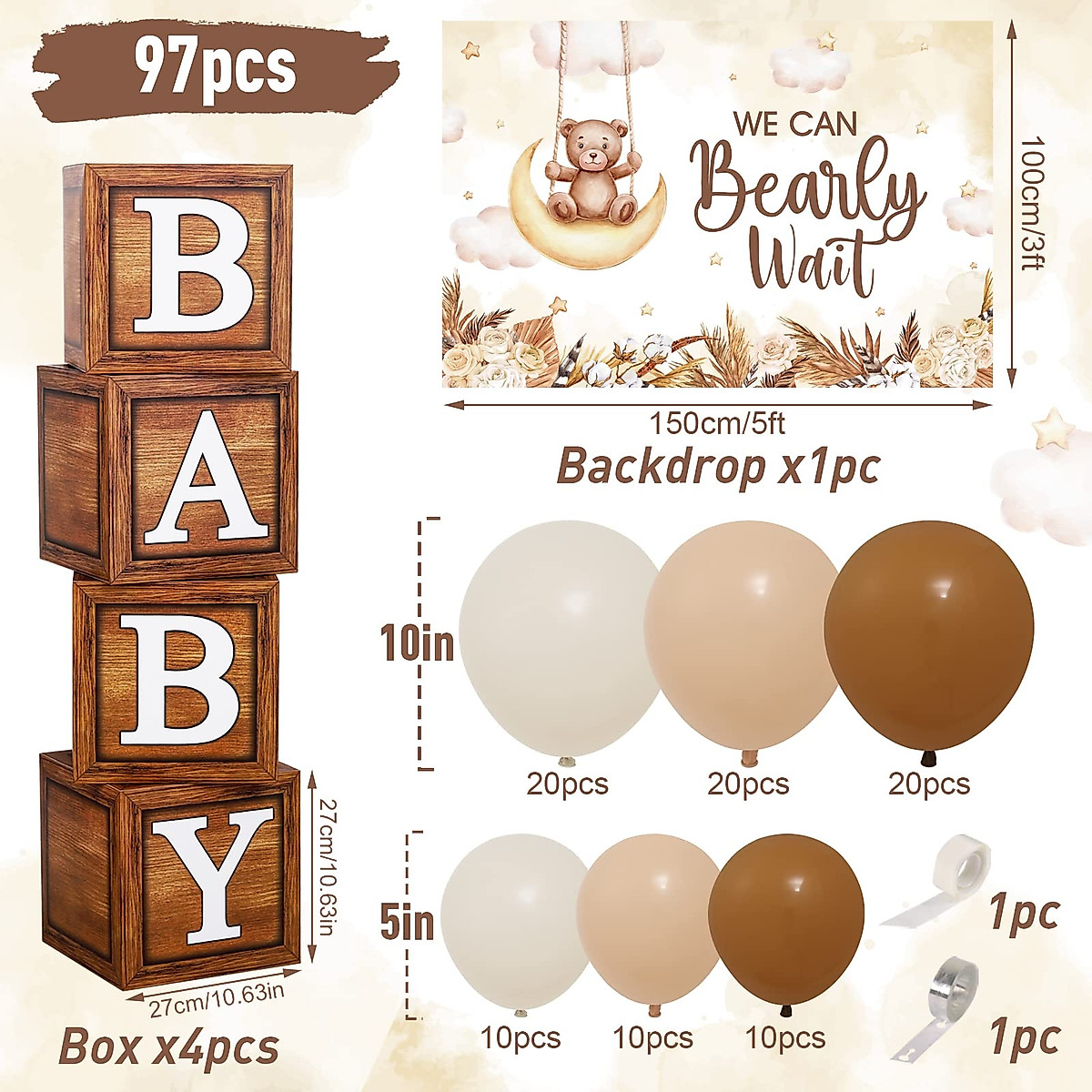 DataMoon Teddy Bear Baby Shower Party Decorations - Wood Grain Boxes with Baby Letters, 90PCS Nude and Brown Balloons, Boho Backdrop “We Can Bearly Wait” for Baby Shower, Gender Reveal,Birthday Party