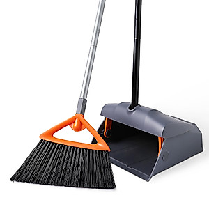 CLEANHOME Heavy Duty Broom with Dustpan Combo Set Indoor and Outdoor Dual Purpose,Stiff Bristle Commercial Angle Broom and Standing Dust Pans with Long Handle for Sweeping Home,Kitchen,Yard,Grey