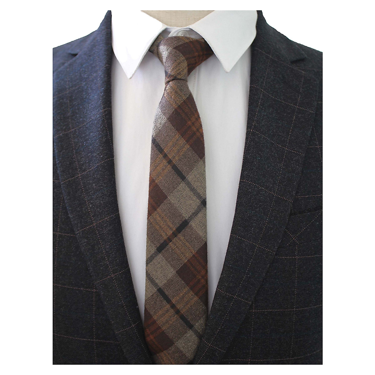 JEMYGINS 2.4" Mens Cotton Skinny Tie Plaid Cashmere Wool Necktie (16)