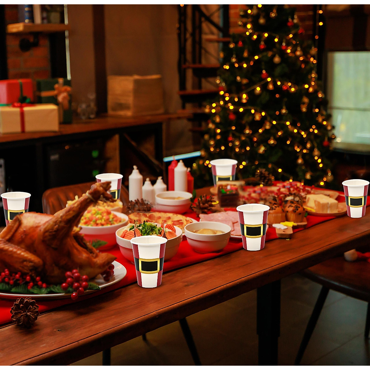 50 Disposable Christmas Santa Belt Cups 9 Oz. Xmas Red & Black Santa's Belts Design Drinking Paper Cup Winter Beverage Drink Dinnerware for Festive Holiday Tableware Party Supplies Decorations