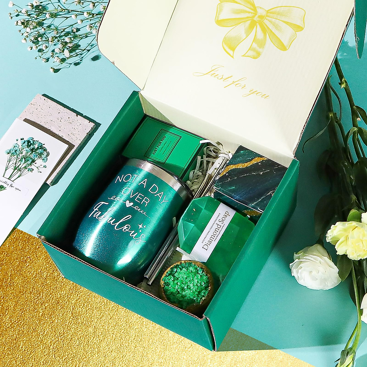 WECURATED Christmas Gift Baskets for Women, Emerald Green Gifts for Mom from Daughter Son, Luxury Relaxing Spa Self Care Gifts for Women, 30th 40th 50th 60th Unique Birthday Care Package