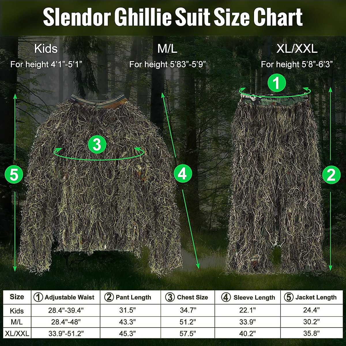 Slendor 6 in 1 Ghillie Suit, 3D Camouflage Hunting Apparel Camo Hunting Clothes, Bushman Costume Suitable for Men, Hunters
