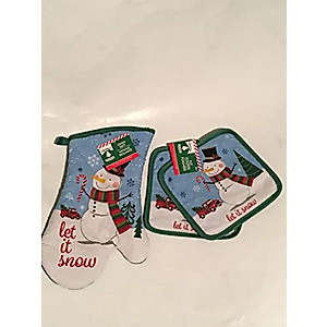 3 Piece Set - Christmas Holiday Kitchen Oven Mitt & One Set of 2 Pot Holders (Snow Man)