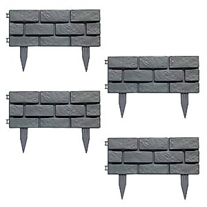 EESLL Decorative Brick Effect Garden Edging,4PCS Grey Plastic Brick Look Flower Bed Border Detachable Splicing Garden Fence Imitation Stone Plant Lawn Picket for Outdoor Yard Landscape