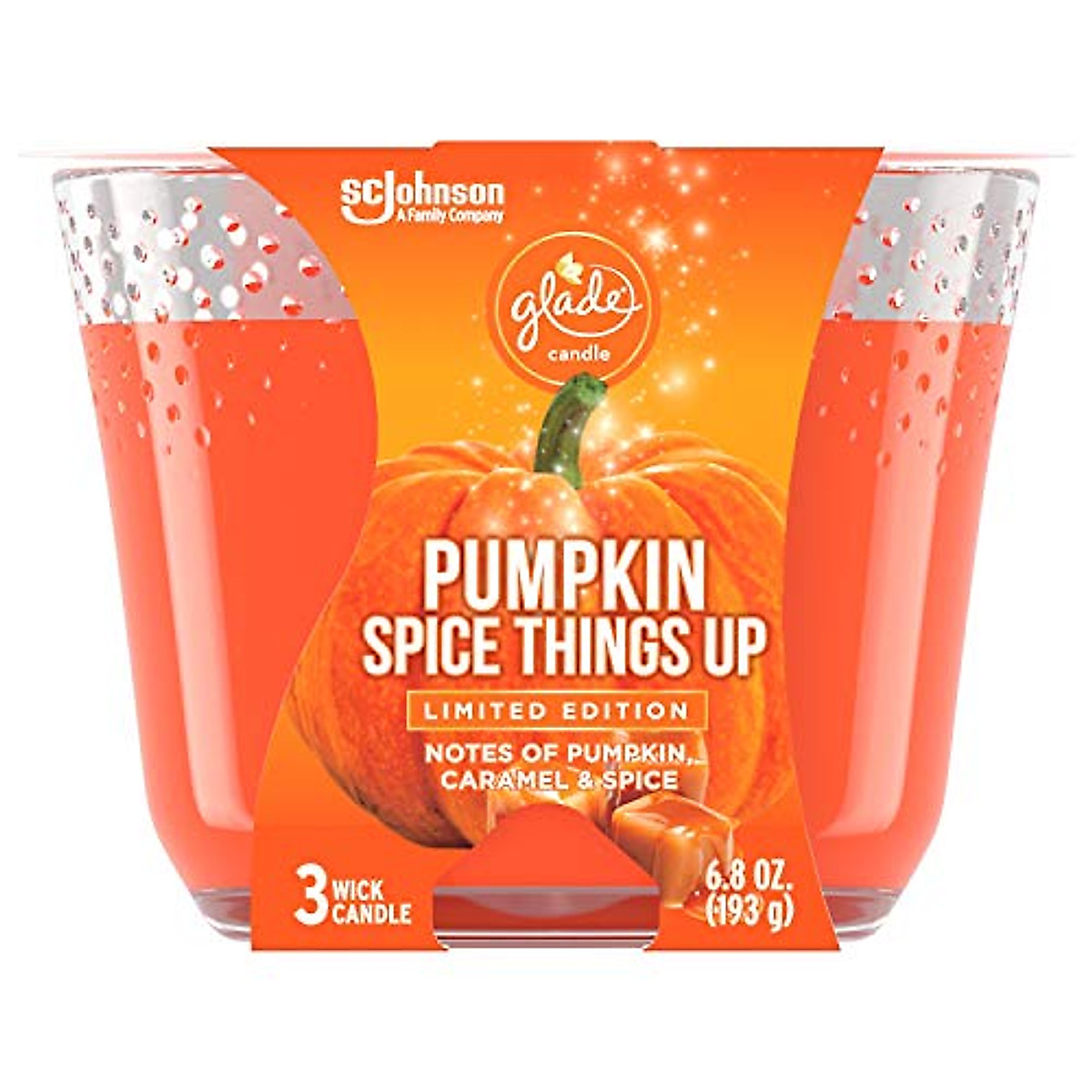 Glade Candle Pumpkin Spice, Fragrance Candle Infused with Essential Oils, Air Freshener Candle, 3-Wick Candle, 6.8 Oz