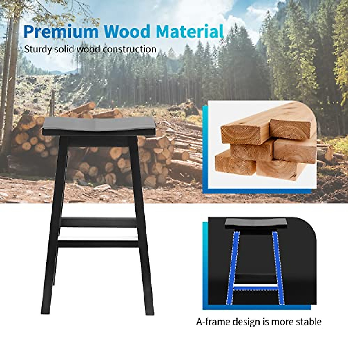 PayLessHere Bar Stools Set of 2 for Kitchen Counter Solid Wooden Saddle Stools 30-Inch Height Home Furniture Barstool, Black