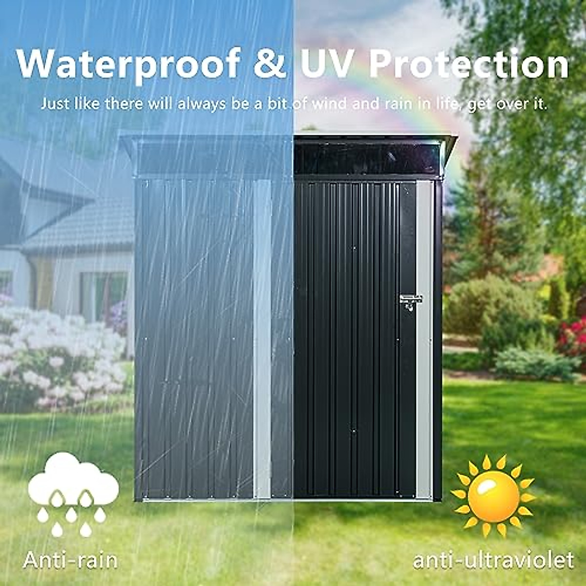 Outdoor Storage Shed 5 x 3 FT, Galvanized Metal Garden Shed with Sliding Door and Air Vents, Weather-Resistant Outdoor Storage Clearance for Backyard Patio Lawn Deck (Black)