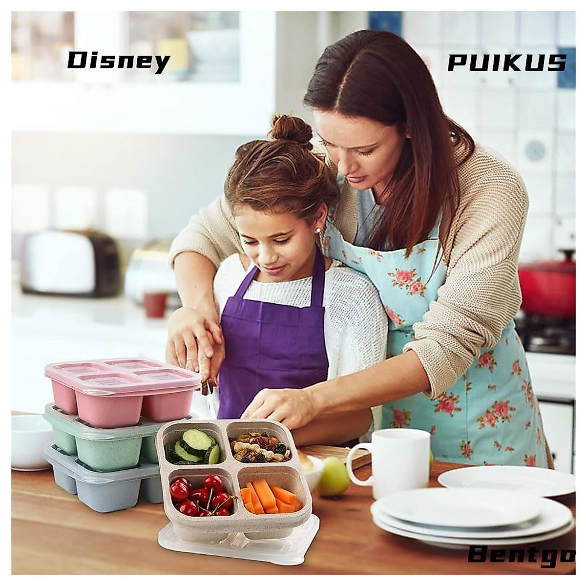 TurtingAs Snack Containers, 4 Pack Reusable Bento Snack Box, 4 Compartments Meal Prep Lunch Containers for Kids Adults, Divided Food Storage Containers for School Work Travel