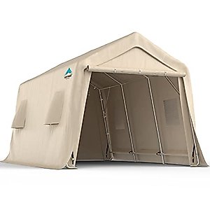 ADVANCE OUTDOOR 10X15 ft Garage Shelter Steel Metal Peak Roof Anti-Snow Portable Storage Shed Carport for Motorcycle Boat or Garden Tools with 2 Roll up Doors & Vents, Beige