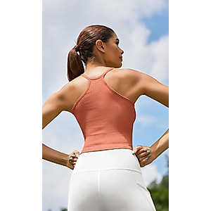 ODODOS Women&#039;s Crop Camisole 3-Pack Washed Seamless Rib-Knit Crop Tank Tops, Long Crop, Beige Coral Teal, Medium/Large