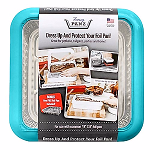 Fancy Panz 8x8, Dress Up & Protect Your Foil Pan! Foil Pan & Serving Spoon Included. Hot or Cold Food. Two ways to serve from, Stackable & helps maintain food temp. Made In USA, (Aqua)