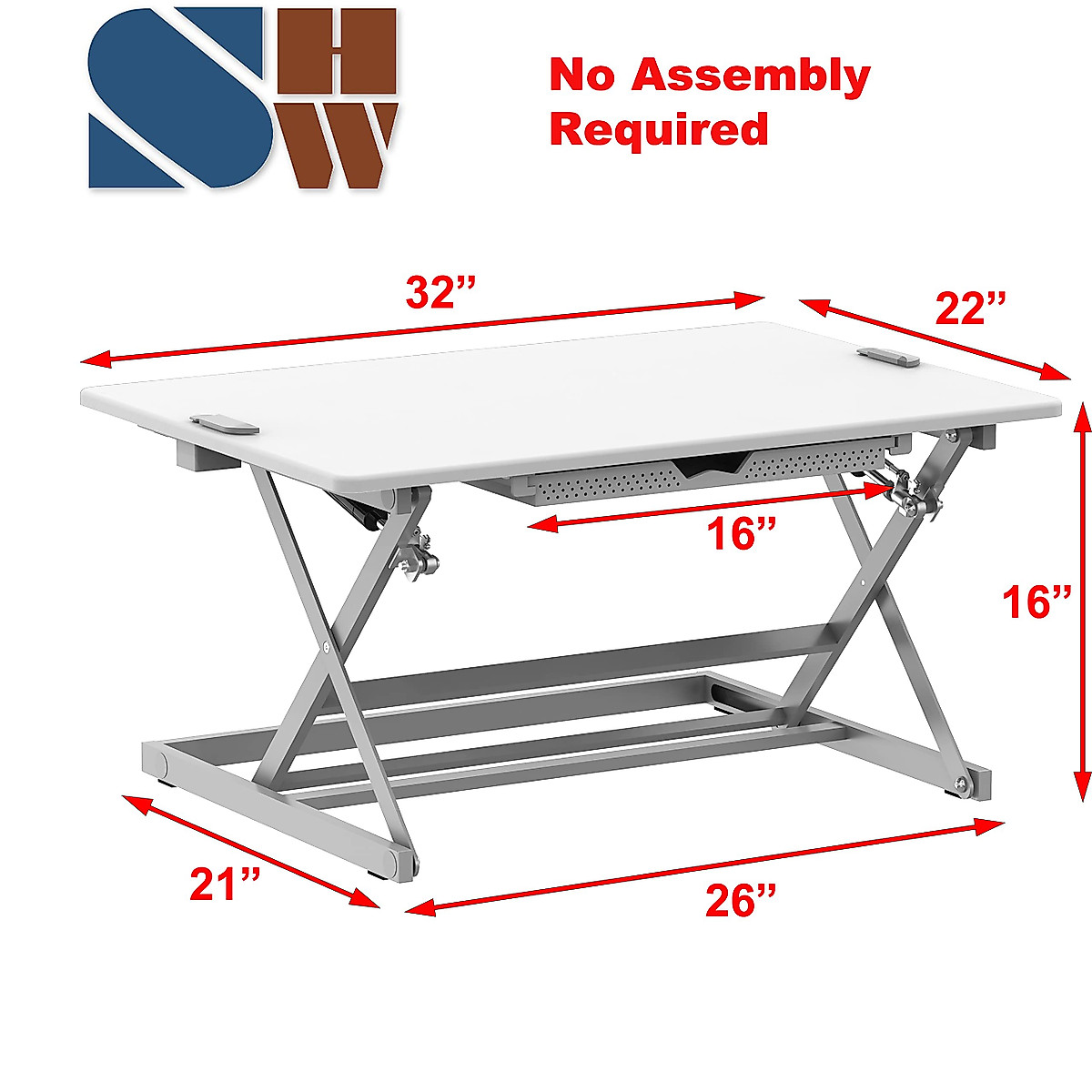 SHW 32-Inch Height Adjustable Standing Desk Converter Riser Workstation with Drawer, White