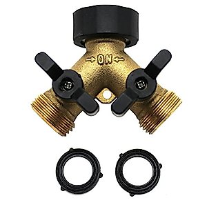 Kasian House Heavy Duty Brass Garden Hose Splitter, Y Valve, 2 Way Connector for Outdoor Faucet, Outside Water Bib Spigot Adapter, Large Comfort Grip Handles, 2 Extra Rubber Washers