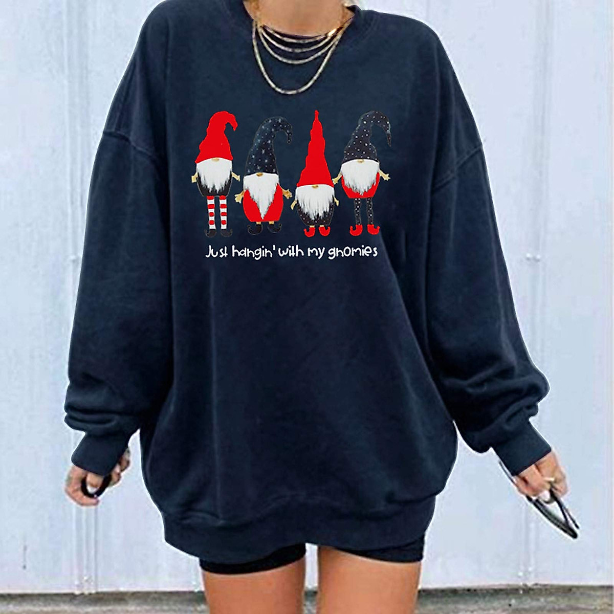 Dosoop Women Christmas Faceless Doll Gnome Graphic Crewneck Long Sleeve Sweatshirts Tops Tunics Casual Loose Shirt Blouses