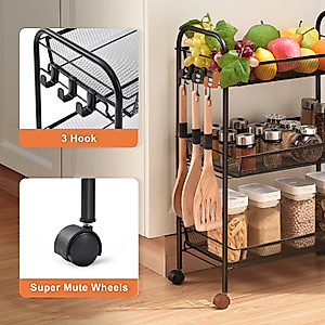 TOOLF 3-Tier Metal Rolling Cart, Mesh Wire Easy Assemble Utility Cart, Storage Trolley on Wheels with 3 Hooks, MetalStorage Shelving Units for Kitchen Bathroom Laundry Room