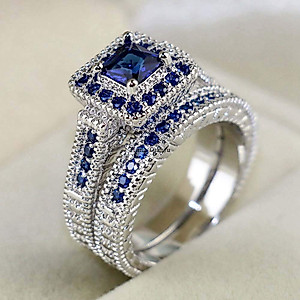 White Gold Filled 2pcs Womens Wedding Ring Sets Bridal Sets Princess Cut Cz Engagement Ring Wedding Bands