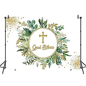 Mocsicka God Bless Backdrop First Communion Baptism Christening Party Decorations Vinyl Green Leaves Newborn Baby Shower Photography Background Photo Booth (7x5ft)