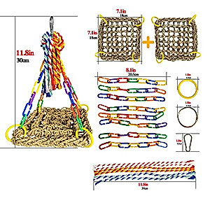 Bird Foraging Cage Toy, Seagrass Woven Climbing Hammock Swing Mat with Colorful Chewing Rope Toys, Suit for Lovebirds, Finch, Parakeets, Conure, Cockatiel