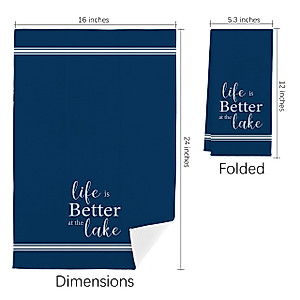QIYUHOY Life is Better at The Lake Navy Blue Kitchen Towels Tea Towels,16X24 Inches Cotton Modern Dish Towels Dishcloths,Dish Cloth Flour Sack Hand Towel for Lake House Kitchen Decor,Lake Lover Gifts