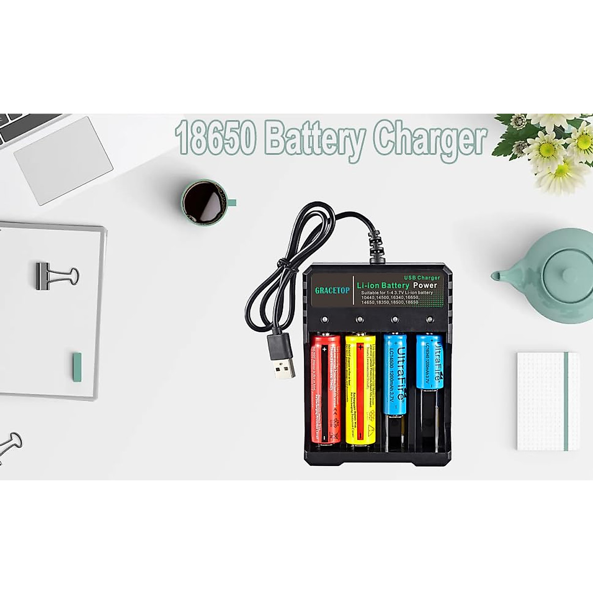 18650 Battery Charger 4 Bay, 18650 Charger for 3.7V Li-ion TR IMR 10440 14500 16650 18650 16340(RCR123) Batteries (Battery not Included)