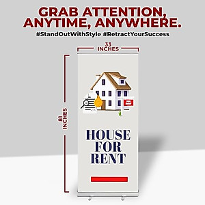 House For Rent Sign Retractable banner stand- 33x81 in backdrop adjustable stand banners and signs customize outdoor for Real Estate Business | Roll-up frame banner stand with Cover | Made in USA