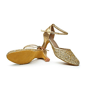 iCKER Womens Latin Dance Shoes Heeled Ballroom Salsa Tango Party Sequin Dance Shoes Gold 8