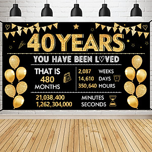40th Birthday Banner Backdrop Decorations for Men Women, Black Gold Happy 40th Birthday Background Party Supplies, Happy 40th Anniversary Photo Props Decor for Outdoor Indoor