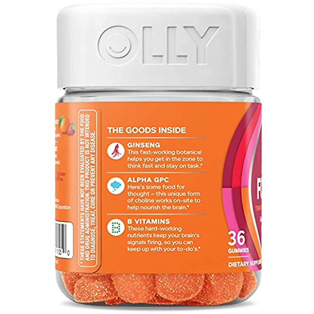 Olly Laser Focus Gummy 18 Day Supply Gummies Ginseng Alpha GPC B Vitamins Chewable Supplement, Berry Tangy Tangerine, 36 Count