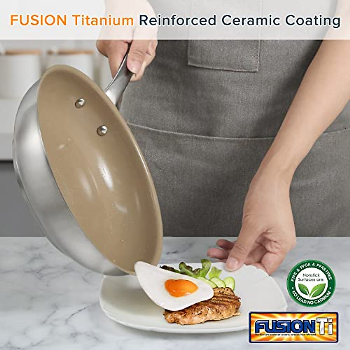 Duxtop 17PC Professional Stainless Steel Induction Cookware Set, Stainless Steel Ceramic Nonstick Pan Set, Impact-bonded Technology, FUSION Titanium Reinforced Ceramic Coating, Brown