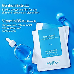 +WIS+ Hyaluronic Acid Essence 24 Sheet Mask，with Aloe Vera, Vitamin B5, Deep Hydration and Moisturizing Anti Aging Facial Mask，Beauty Mask For All Skin Care Type