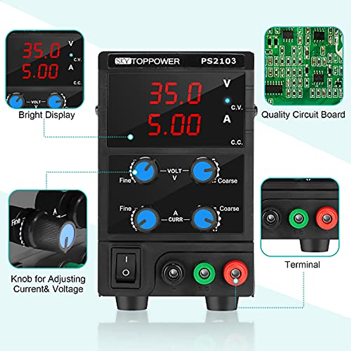 DC Power Supply Variable 3 Digital（35V 5A) CC/CV Mode Single-Output 110V with Alligator to Banana Test Lead,Test Hook Clips, Tweezers for for DIY Electronics Testing, Repairing& Researching