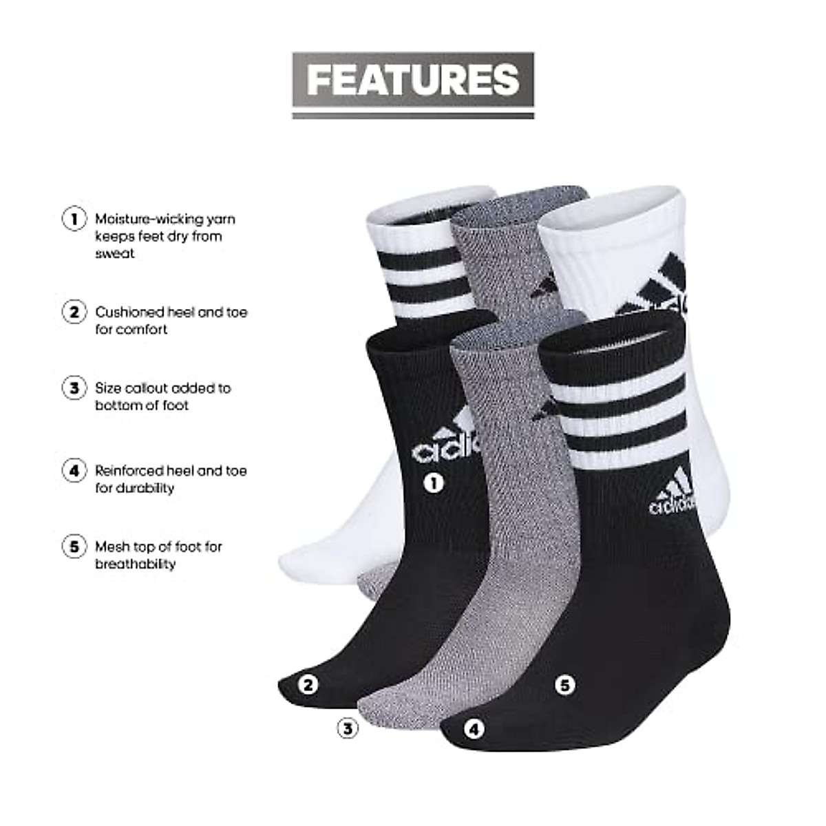 adidas Kids-Boy's/Girl's Mixed Graphic Athletic Cushioned Crew Socks (6-Pair), White/Onix Grey/Black, Large