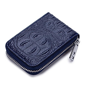 Wallets Genuine Leather For Womens Mens Crocodile Skin Embossed Coin Purse Mini Card Case Holder Zipper Pockets (Navy Blue,One Size)