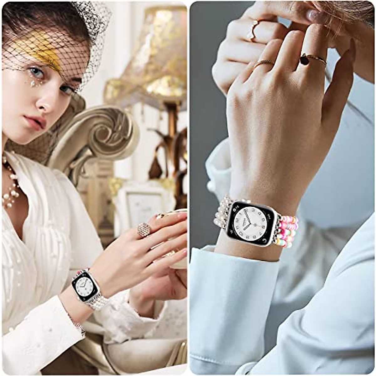 V-MORO Beaded Bracelet Compatible with Apple Watch Bands Series 7/6 45mm 44mm 42mm Women, Peal Silicone Sheet Fashion Handmade Elastic Stretch Strap for iWatch Series SE/5/4/3/2/1
