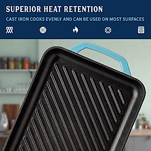 Country Living Enameled Cast Iron Grill Pan, Family Sized Rectangular Griddle, Durable Indoor and Outdoor Cookware, 17" x 9.5", Blue