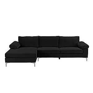 Casa Andrea Milano LLC Modern Large Velvet Fabric Sectional Sofa, L-Shape Couch with Extra Wide Chaise Lounge, Onyx