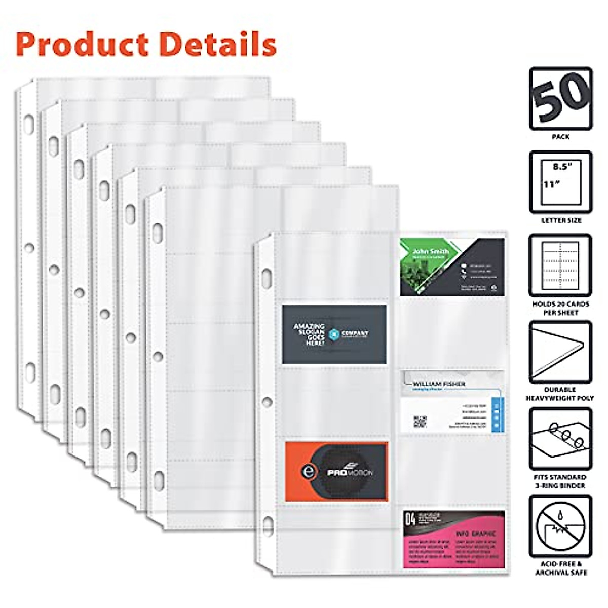 50/Box Clear Heavyweight Business Card Sleeve Pages, Refill Pages, 10 Pockets Per Sheet, 3 Ring Business Card Binder Sheets, by Better Office Products, 50 Count