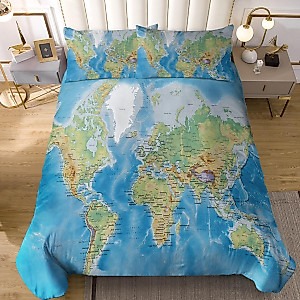 Sleepwish World Map Bedding Duvet Cover Set for Kids Vivid Printed Childrens Bedding Full Size Bedspread