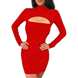 Haola Women's Long Sleeve Cut Out Front Sexy Club Bodycon Dress Party Mini Bandage Dress S Red