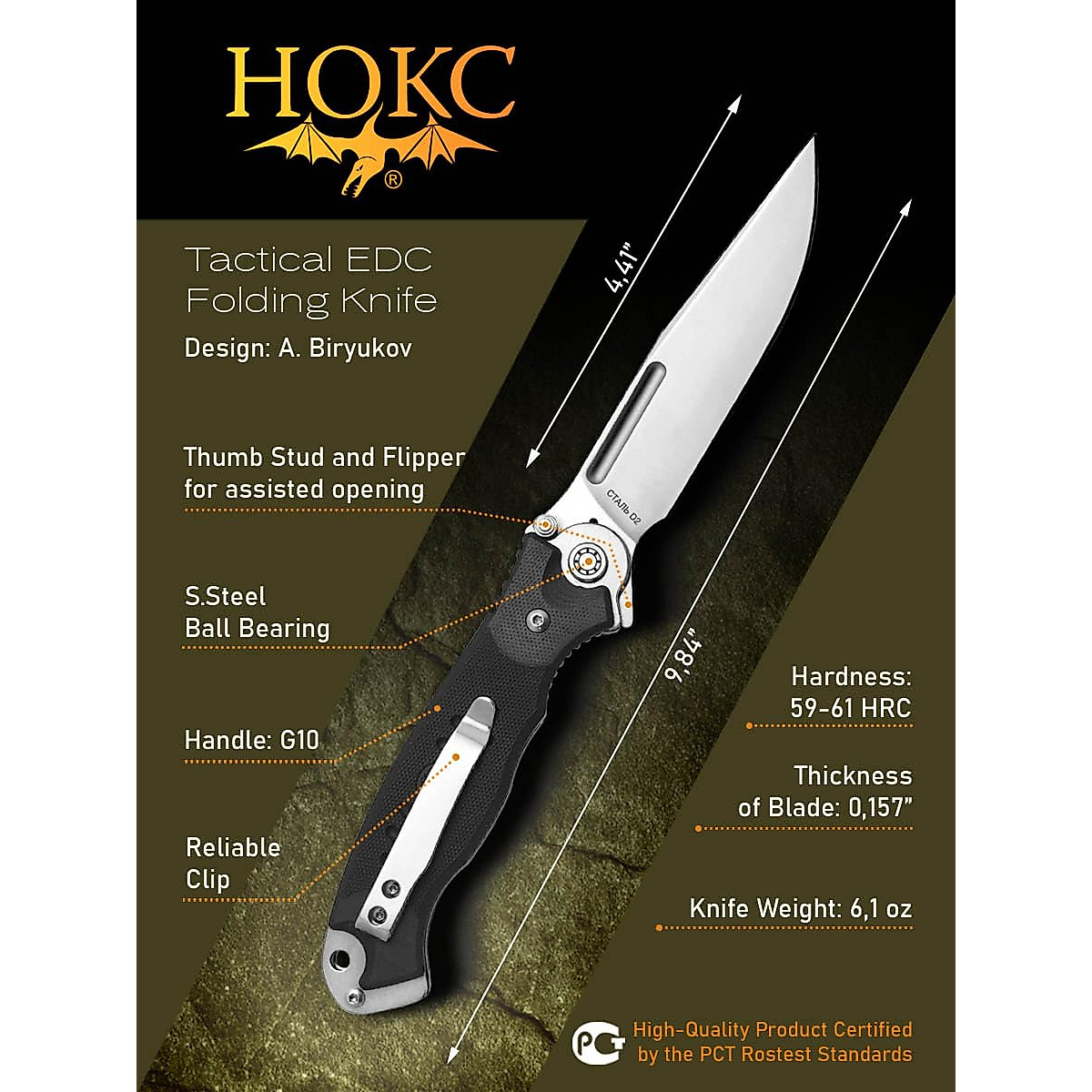 HOKC Officer's-2M | 320-100404 | Pocket Knife, EDC Knife by Official Dealer - Designed by Russian Master Aleksander Biryukov - Liner Lock, G10 Handle, Thumb Stud, Funger Flipper, Ball Bearing Pivot, Comfortable Pocket Clip, Long and Durable D2 Stainless T