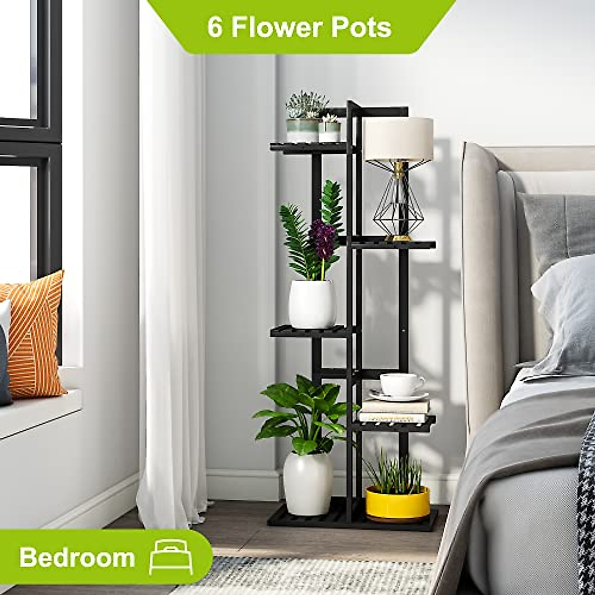 BMOSU Plant Stand For Indoor Corner Tall Plant Shelf 6 Potted Flower Bamboo Plant Stands Holder Shelf Plants For Outdoor Plant Rack Potted Plant Holder Display Rack For Living Room Balcony Bedroom(Black)