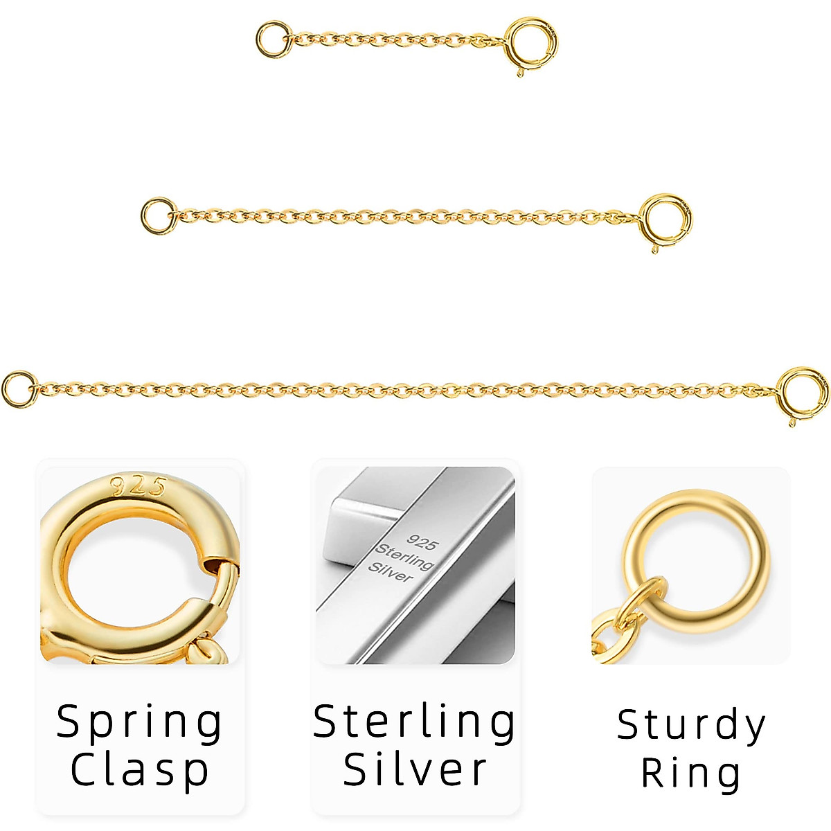 Gold Necklace Extenders 14k Gold Plated Extender Chain 925 Sterling Silver Extension Bracelet Extender Gold Chain Extenders for Necklaces 3 Pcs (1 2 3 Inch)(Gold)