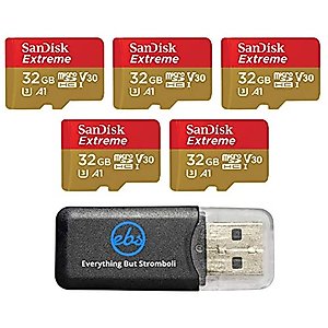 32GB SanDisk Extreme (Five Pack) 4K Micro Memory Card (SDSQXAF-032G-GN6MN) UHD Video Speed 30 UHS-1 V30 32G MicroSD HC Bundle with (1) Everything But Stromboli Card Reader