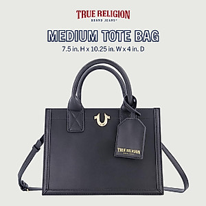 True Religion Tote, Women's Medium Travel Bag with Adjustable Strap and Horseshoe Logo, Black