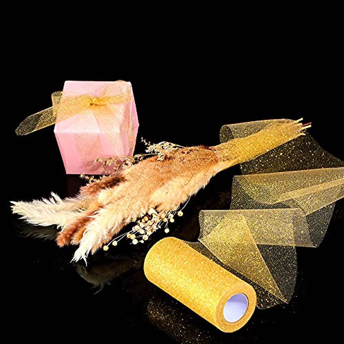 Outus Sparkling Christmas Glitter Tulle Roll Sparkling Tulle Ribbon 6 Inches by 25 Yards for Xmas Holiday Wedding Gift Wrapping Tutu Skirt, Birthday Baby Shower Party Decoration(Gold)