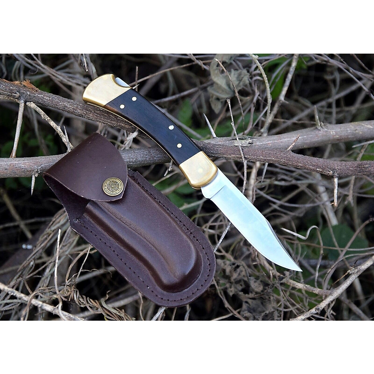 Custom Handmade Leather Genuine Vertical and Horizontal Sheath Folding Pocket Knife Buck 110