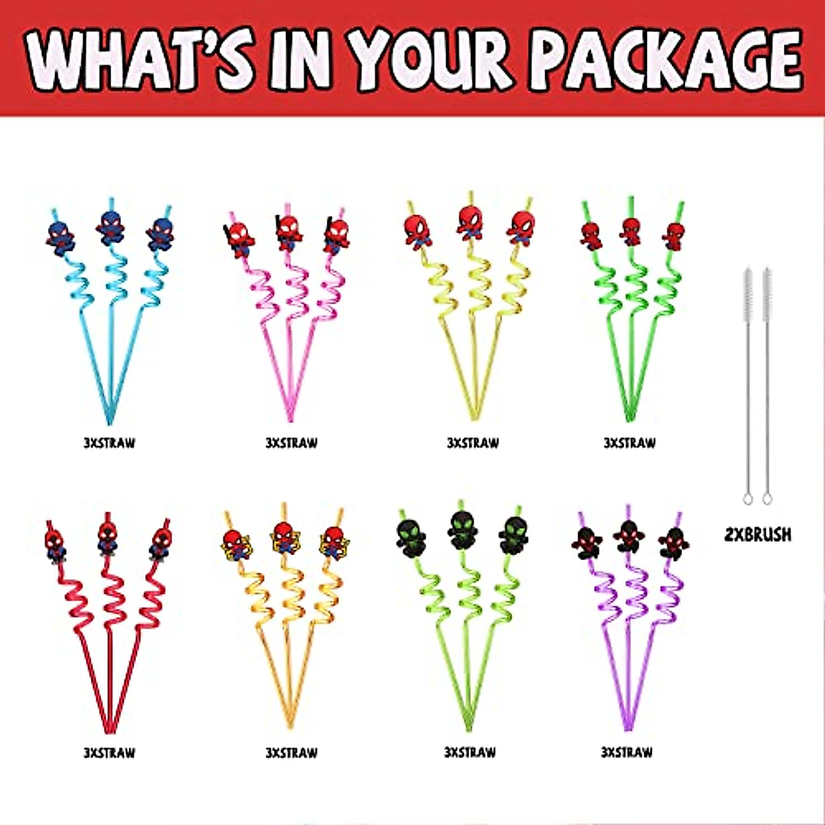 24 Spiderman Party Favors Reusable Spidey Drinking Straws 8 Designs Great for Spiderman Birthday Party Supplies with 2 Cleaning Brushes